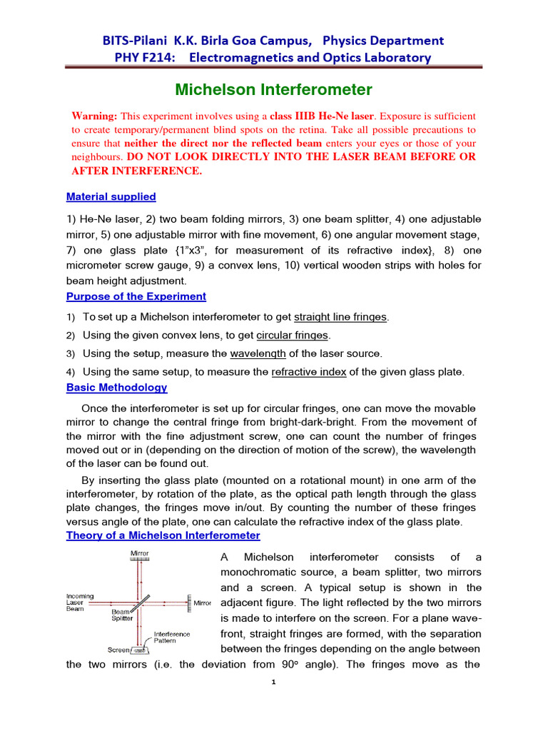 Lab Manual-Michelson Interferometer V.aug.2023 | PDF | Interferometry | Mirror