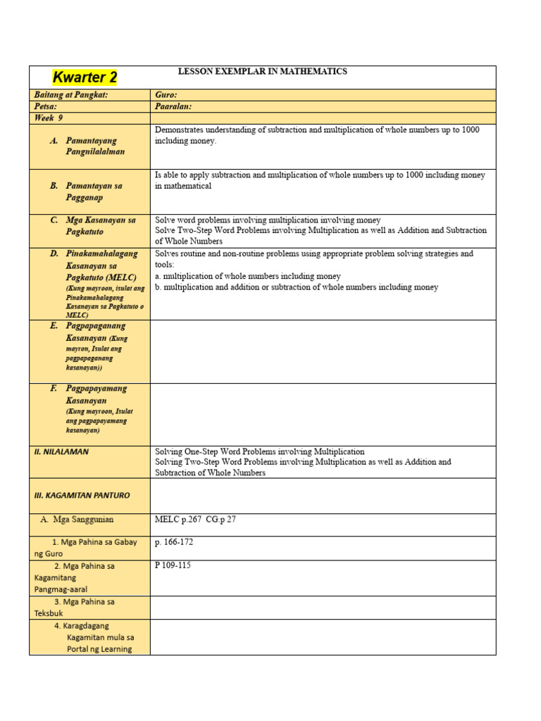 Lesson Exemplar in Math WK 9 | PDF