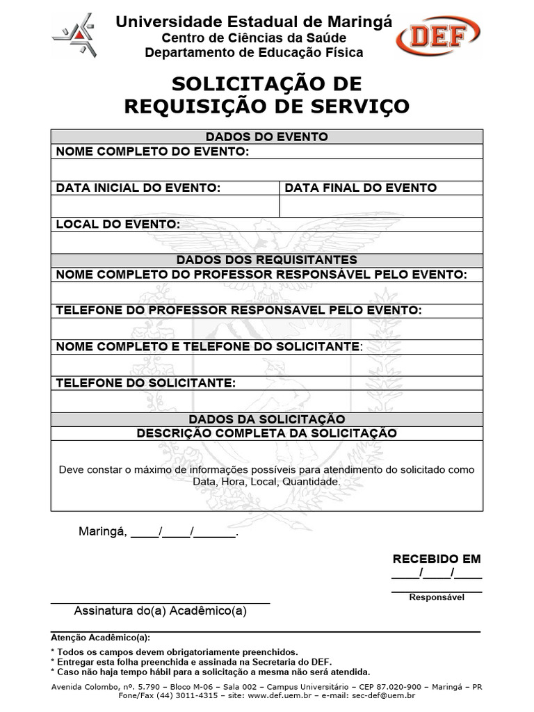 Formulario Solicitacao De Requisicao De Servicos 2020 Pdf