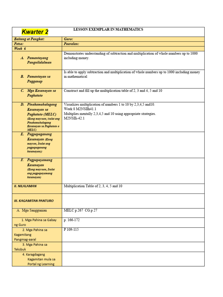 Lesson Exemplar in Math WK 8 | PDF