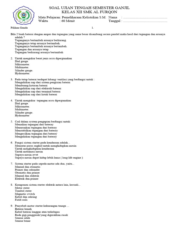 Soal Ujian Tengah Semester TBSM PKSM Kelas XII Sem 1 | PDF