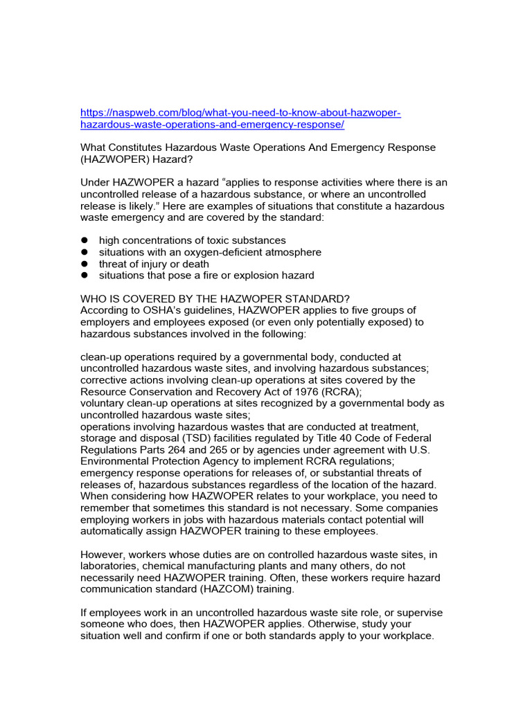 Hazardous Waste Operations | PDF | Resource Conservation And Recovery ...