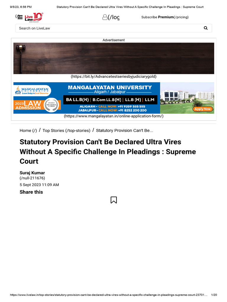 Statutory Provision Can't Be Declared Ultra Vires Without A Specific ...