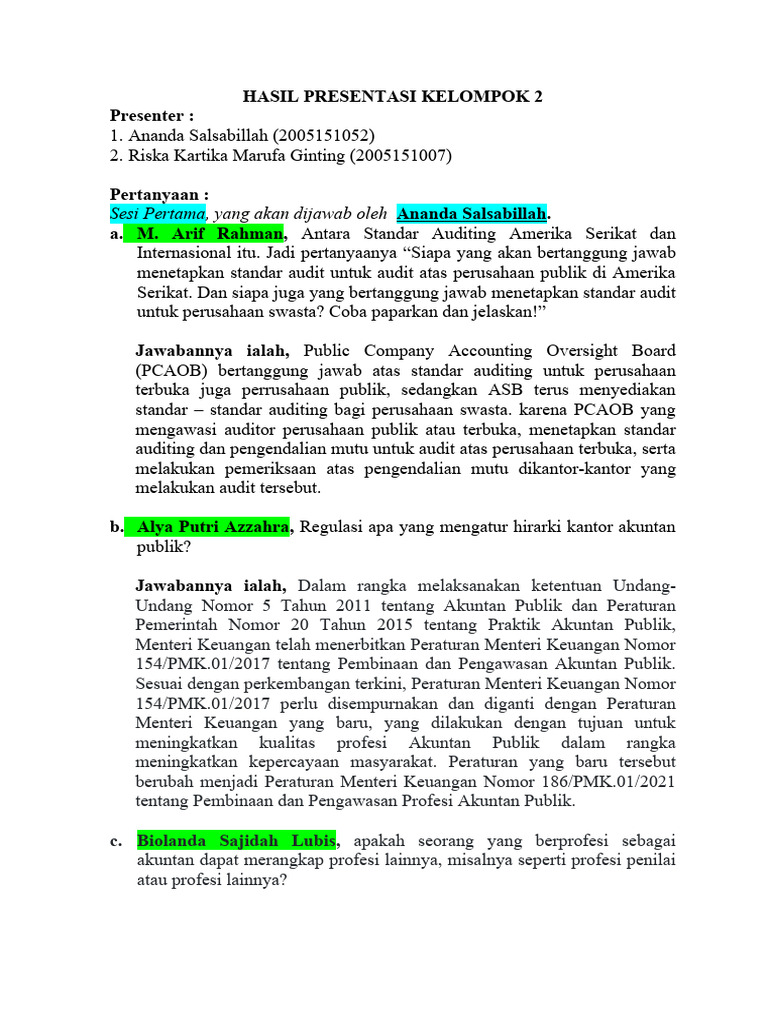 Hasil Presentasi Kelompok 2 - Auditing Bab 2 Profesi CPA - AKP-5A | PDF