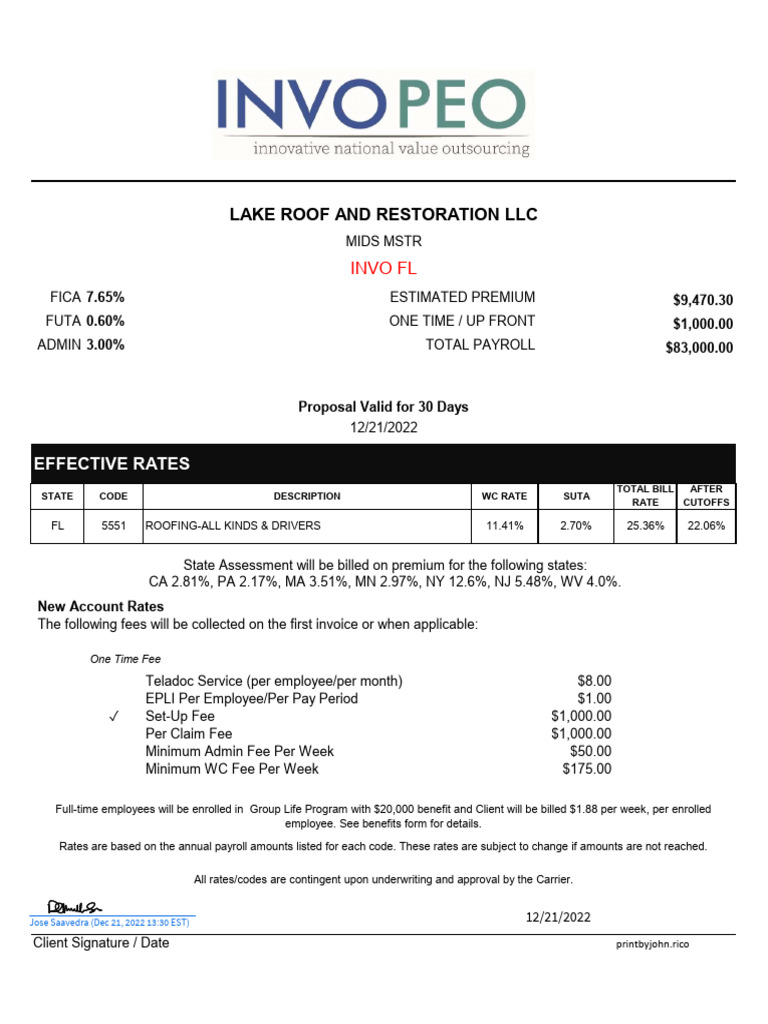 INVO PEO Proposal Sched A1-LAKE ROOF AND RESTORATION LLC | PDF | Labor ...