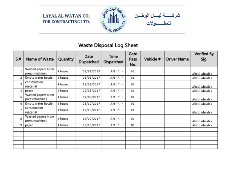 Waste Disposal Log Sheet | PDF
