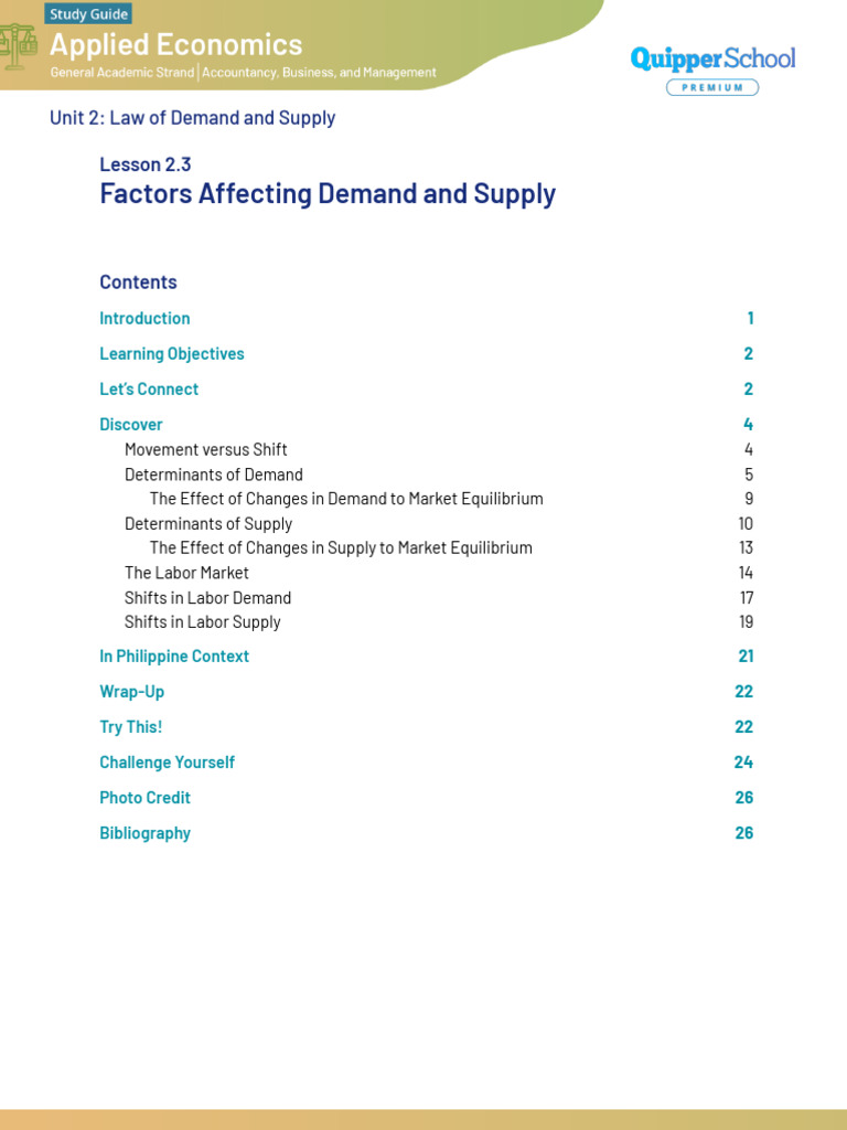 AEC 12 Q1 0203 - SG - Factors Affecting Demand and Supply | PDF | Supply (Economics) | Labour ...