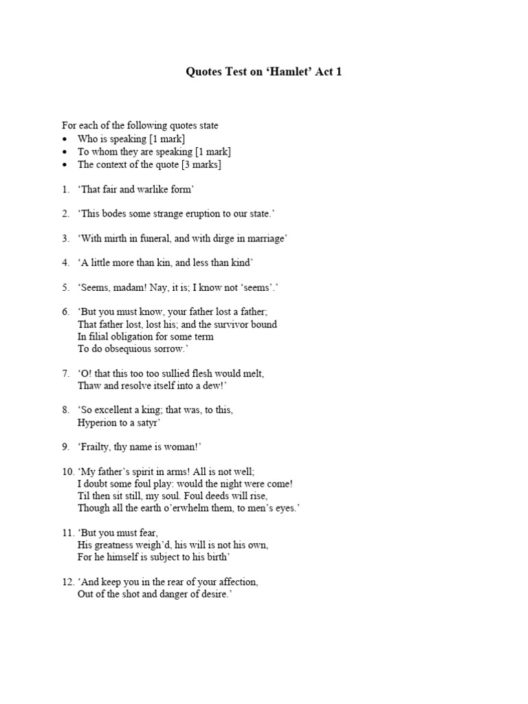 Quotes Test On Hamlet Act 1 | PDF | Law