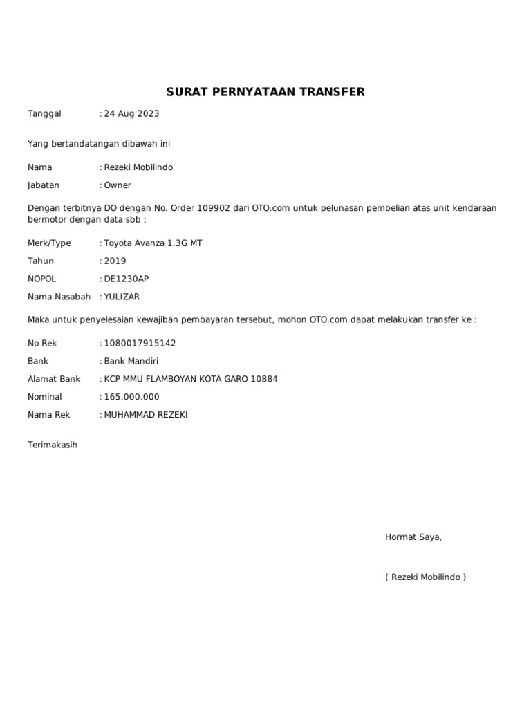 Surat Pernyataan Transfer | PDF | Pengelolaan Keuangan & Uang