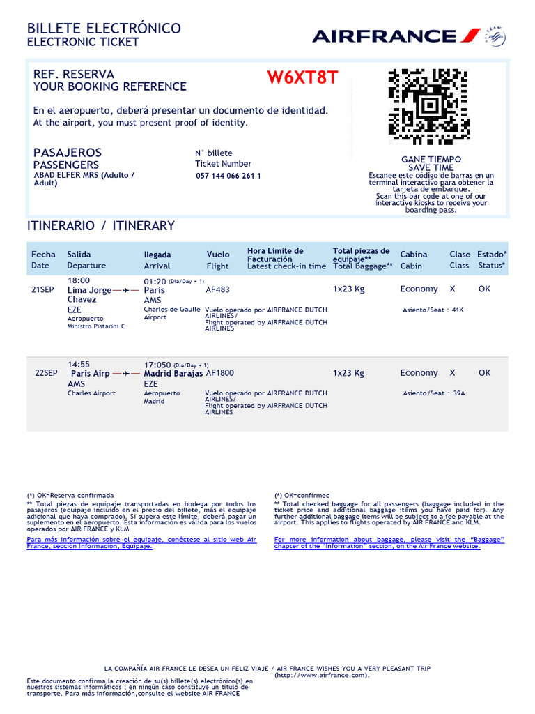 Billete Electronico Airfrance | PDF | Compañías de transporte | Industrias de servicio