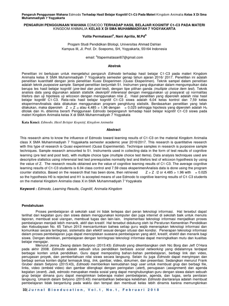 Edmodo Terhadap Hasil Belajar Kognitif C1-C3 Pada Materi Kingdom ...