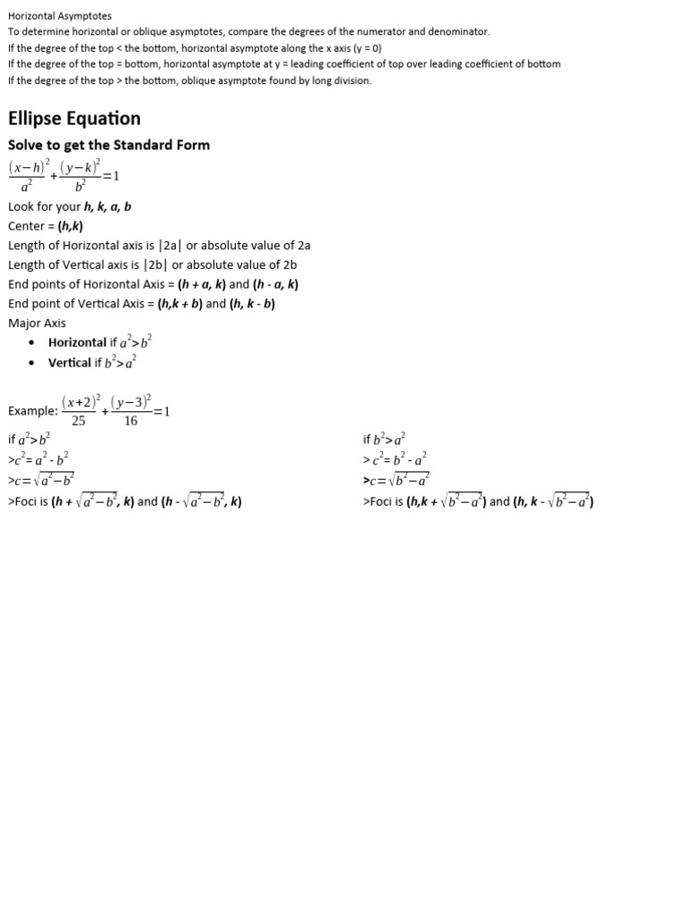Shortcuts For Ellipses and HyperBola | PDF | Asymptote | Elementary ...