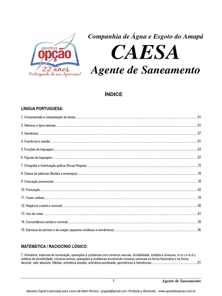 Apostila Opcao Companhia de Agua e Esgoto Do Amapa CAESA Agente de ...