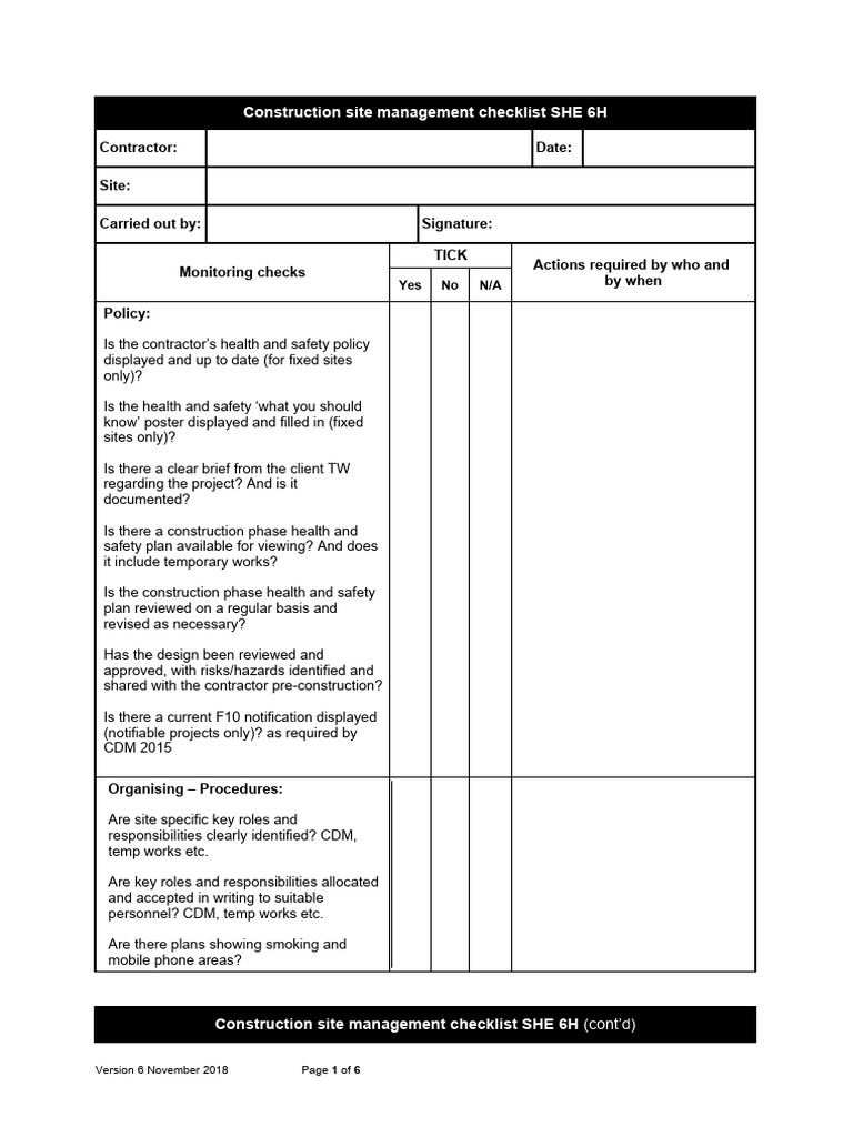Construction Site Management Checklist | PDF | Temporary Work ...