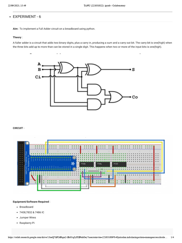 FULL-ADDER ( (TANU (221031022) .Ipynb - Colaboratory | PDF