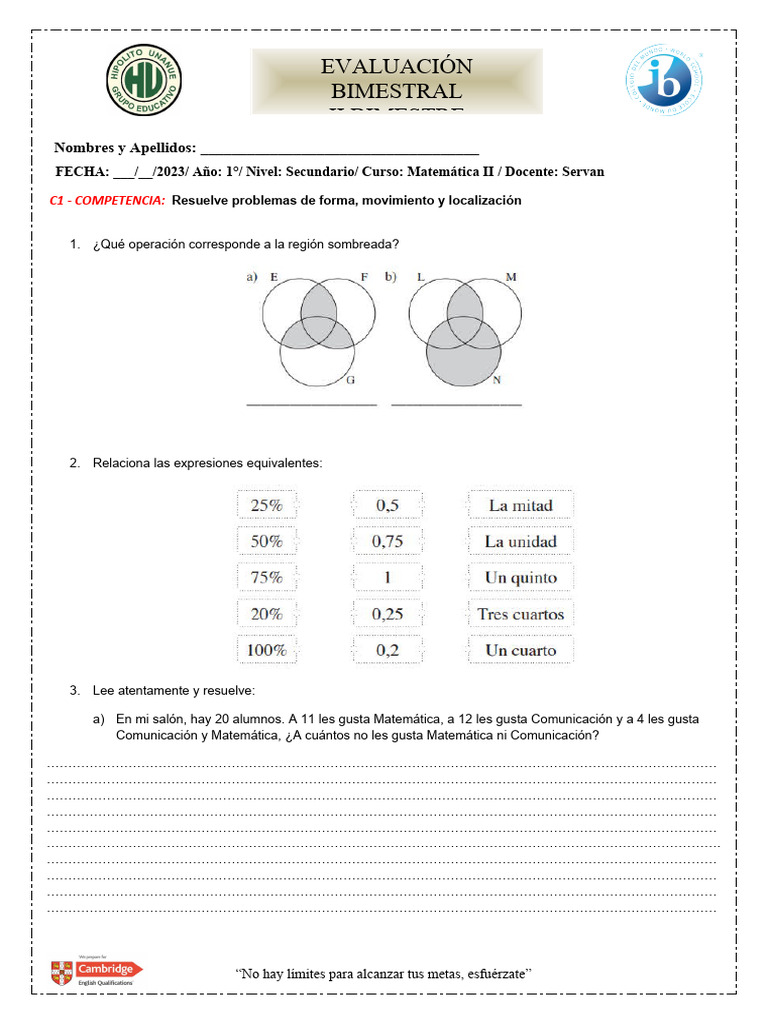 Examen Bimestral 3 de Mate 2 1ro | PDF