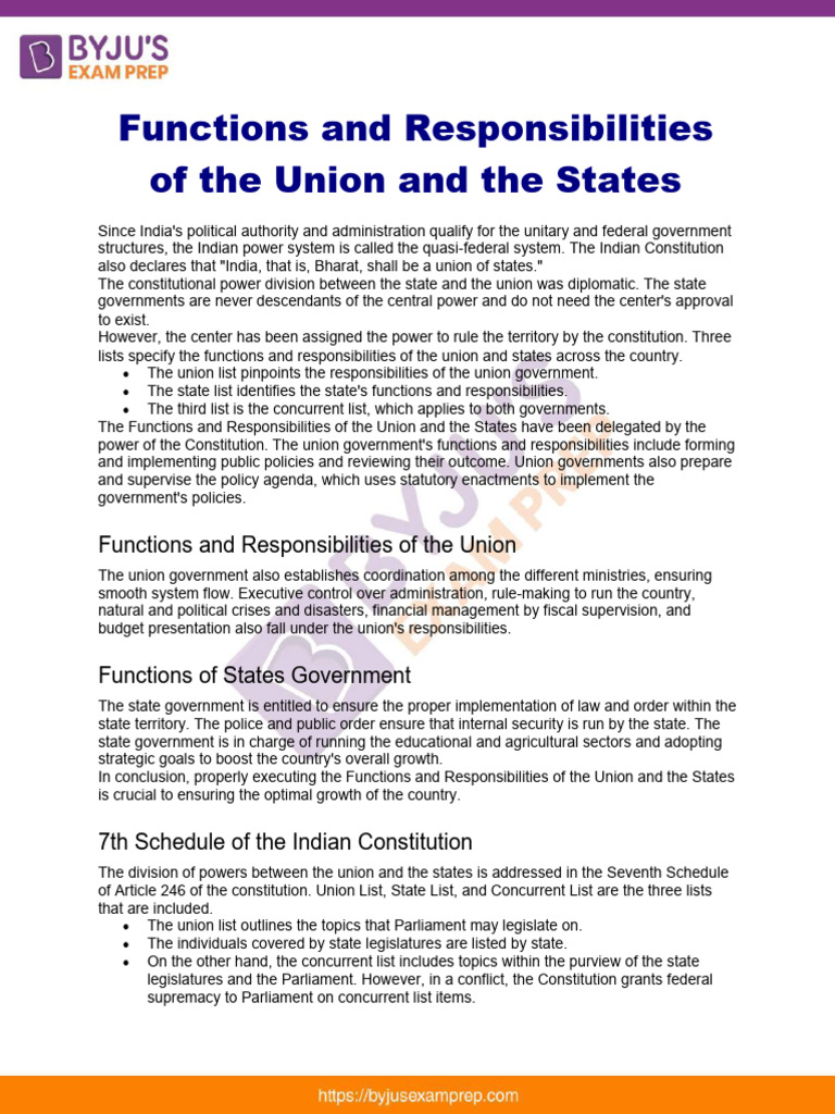 Functions and Responsibilities of The Union and The States Upsc Notes ...