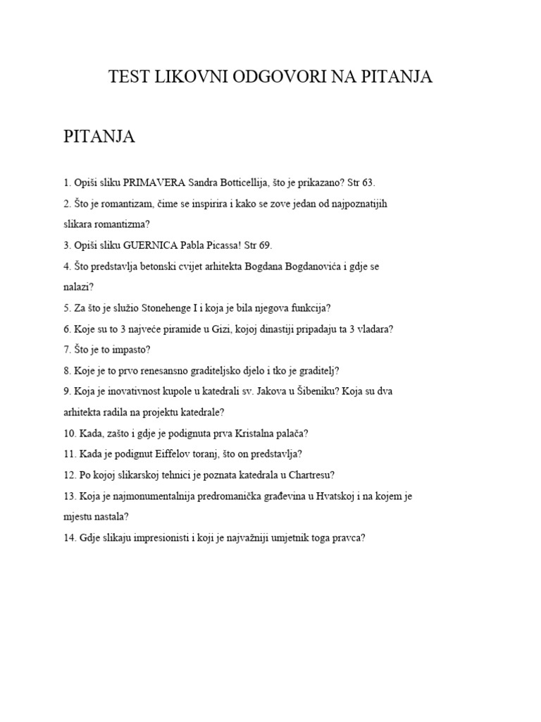 Test Likovni Odgovori Na Pitanja | PDF