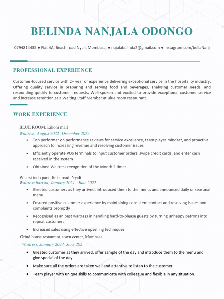 Belinda Nanjala Cv23 | PDF | Waiting Staff | Restaurants