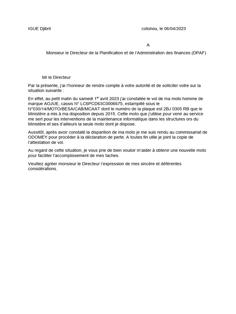 Déclaration de vol de moto AOJUE | PDF | Finance et gestion monétaire