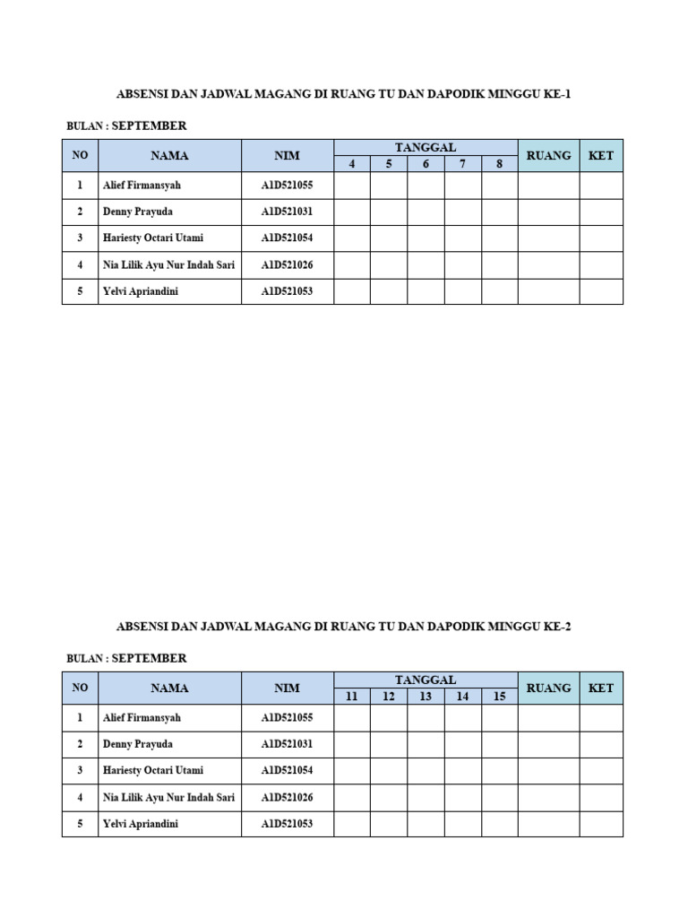 Absensi Dan Jadwal Magang Di Ruang Tu Dan Dapodik Yang Baru | PDF