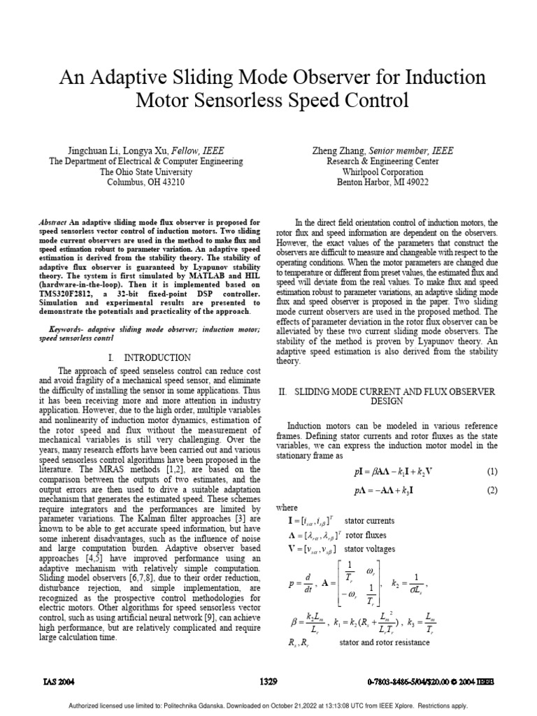 An Adaptive Sliding Mode Observer For Induction Motor Sensorless Speed Control Pdf Electric
