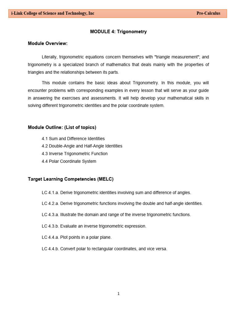 PreCalculus Module 4 | Download Free PDF | Trigonometry | Trigonometric Functions