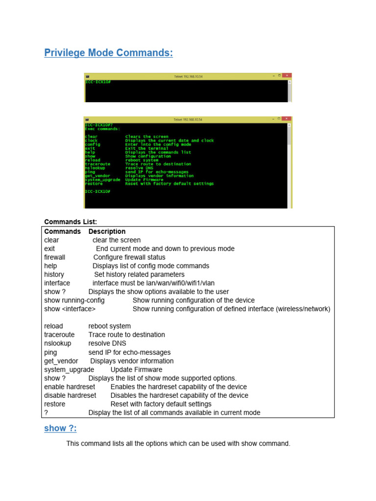 Privilege Mode Commands:: Show ? | Download Free PDF | Ip Address | Firewall (Computing)