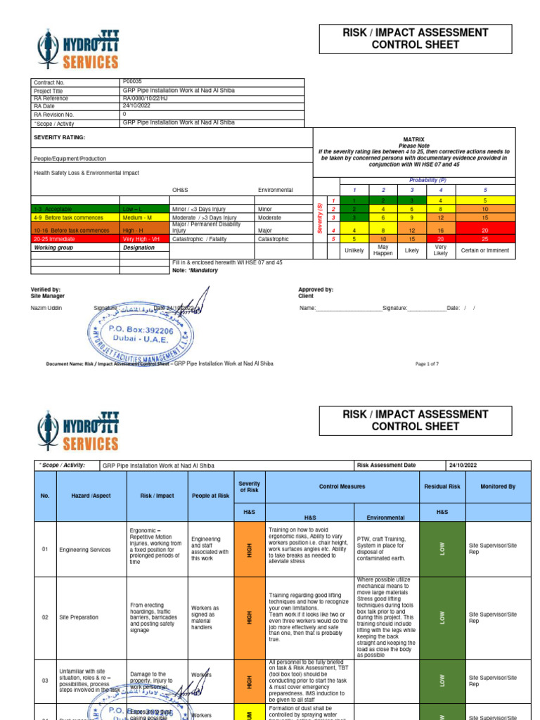 Risk / Impact Assessment Control Sheet: GRP Pipe Installation Work at ...