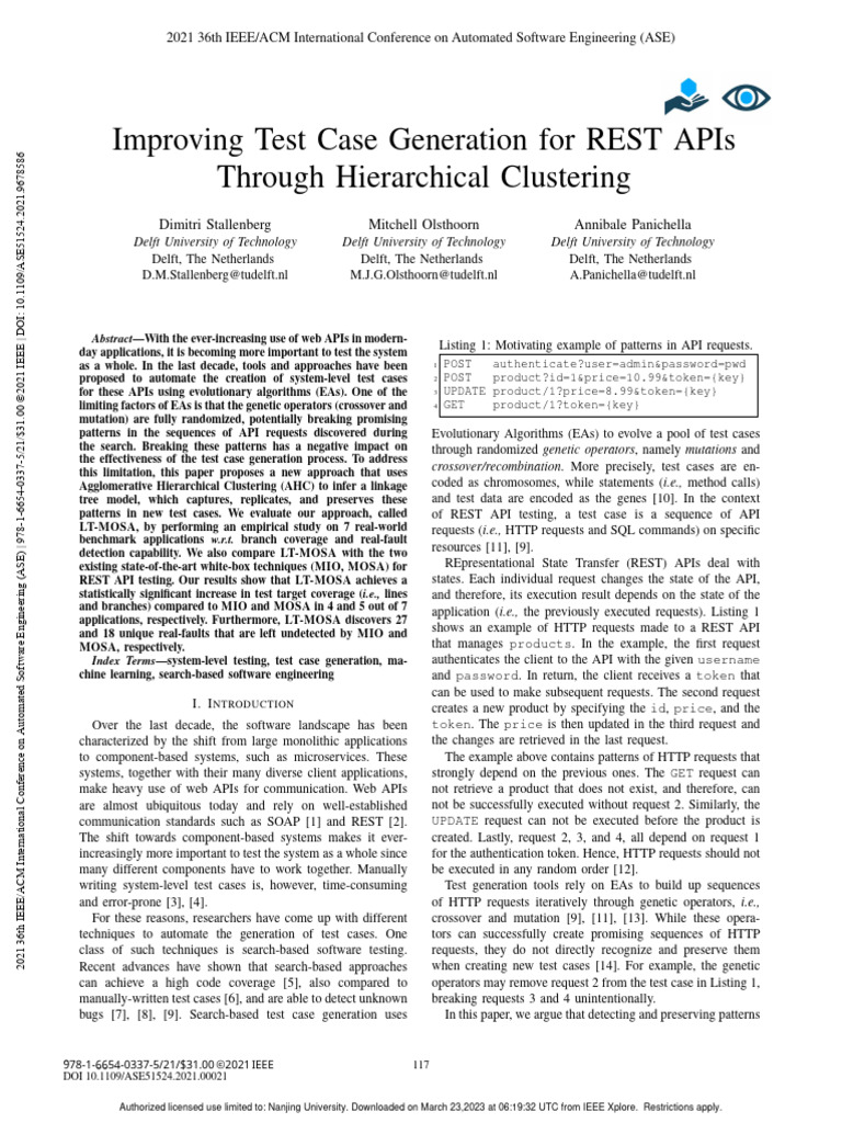 Improving Test Case Generation For Rest Apis Through Hierarchical Clustering Pdf Cluster