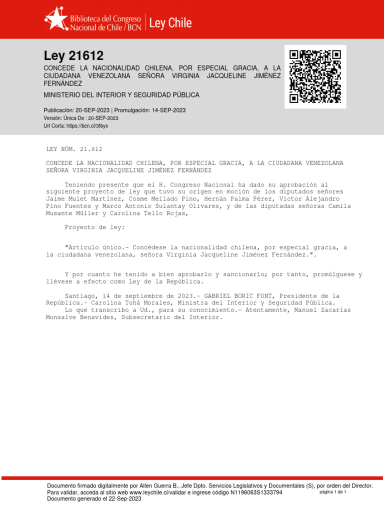 Ley 21612: Nacionalidad Chilena a Jiménez | PDF | Ciencias sociales ...