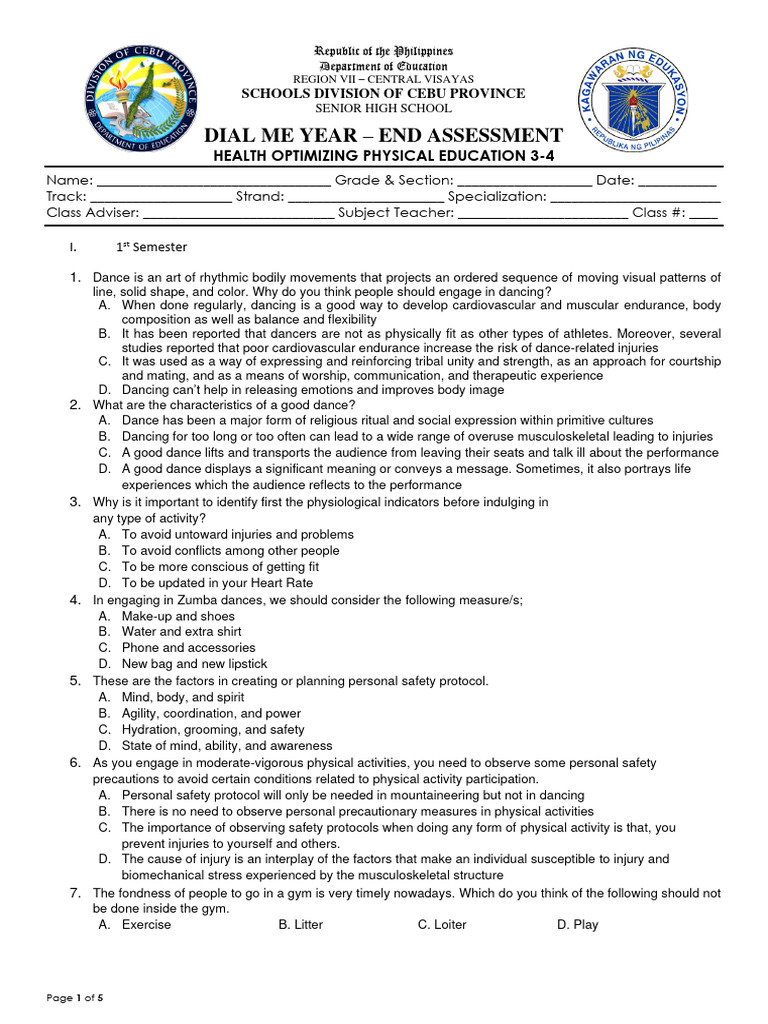 Health Optimizing PE 3-4 Assessment Key | PDF | Physical Fitness | Dances