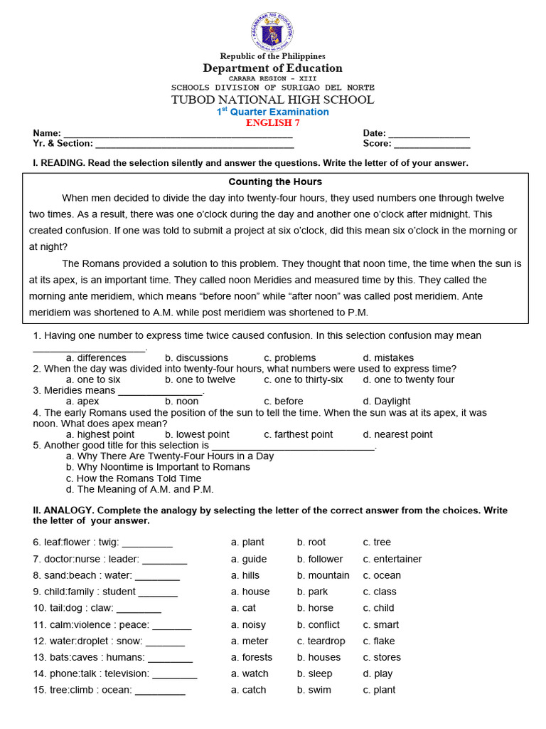 G7english Exam | PDF | Linguistics | Language Mechanics
