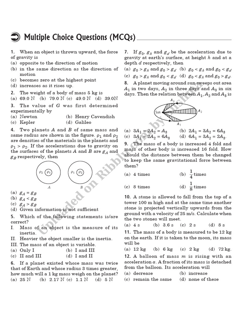 MCQ Questions With Answers Class 9 Chapter 10 Gravitation | PDF | Mass ...