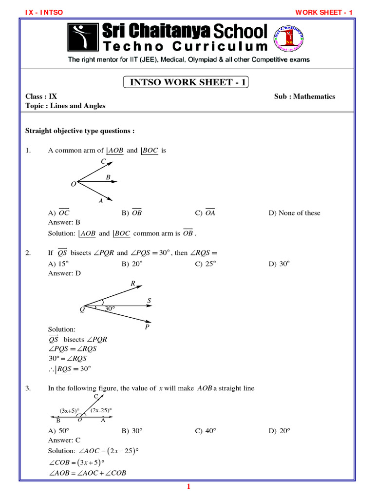9 - Class INTSO Work Sheet - 1 - Les & Angles | PDF | Angle | Triangle