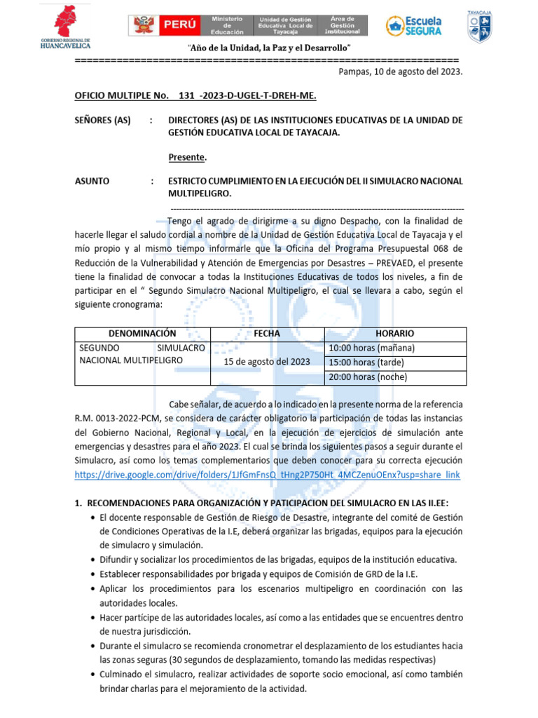 Oficio de Cumplimiento Del Segundo Simulacro 2023 | PDF