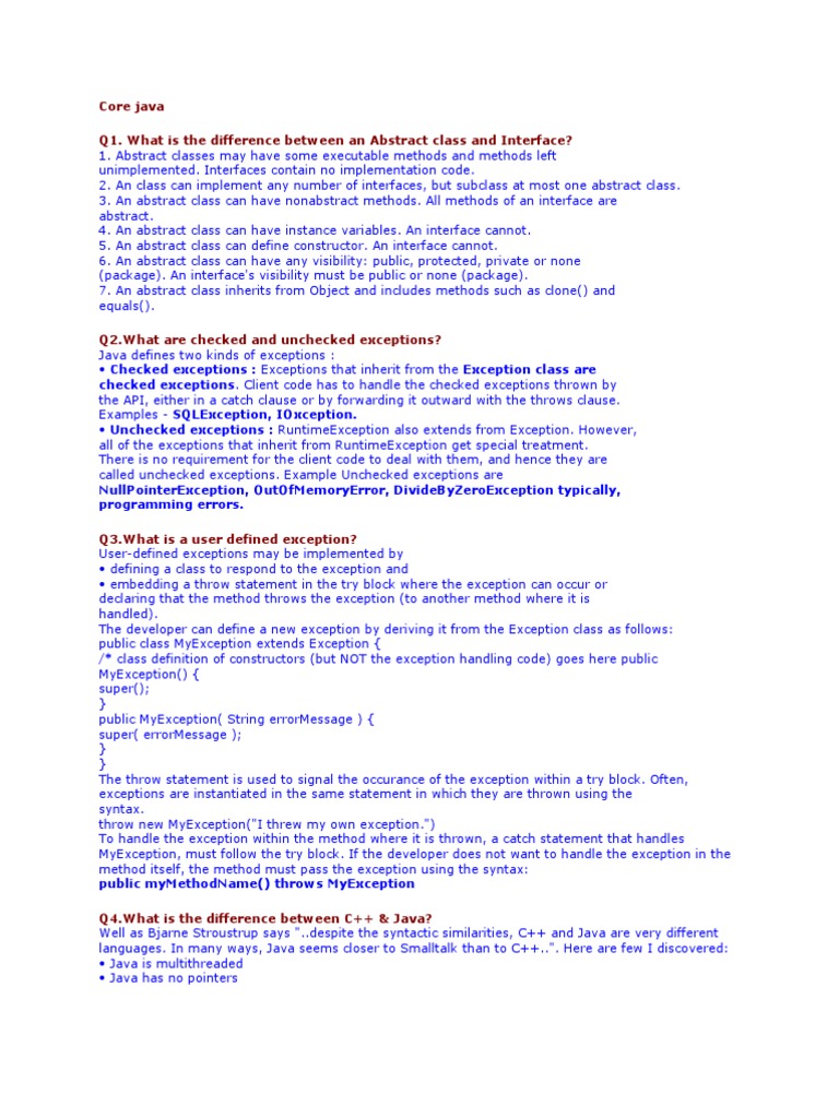 Core Java Q1. What Is The Difference Between An Abstract Class and ... Core Java Q1. What Is The Difference Between An Abstract Class and ...