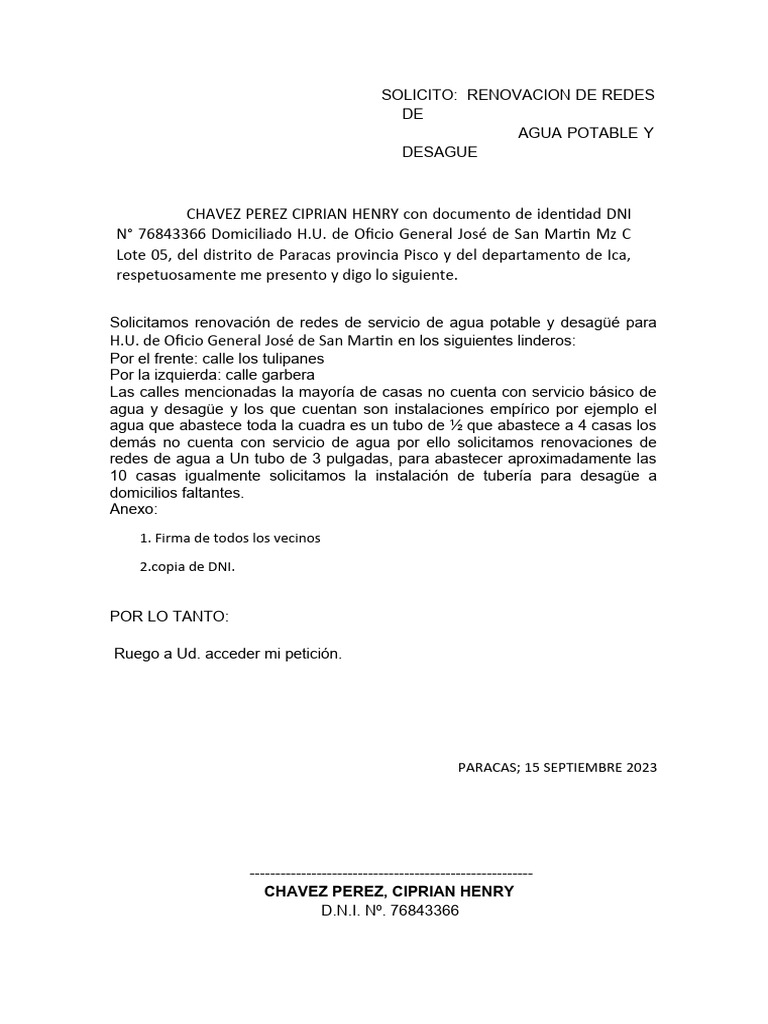 Solicitud de Instalacion de Agua y Desague | PDF