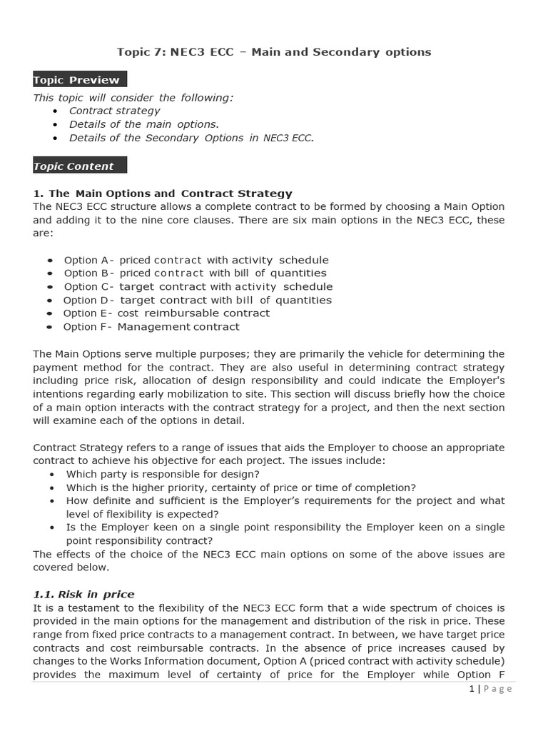 Topic 7 NEC3 ECC - Main and Secondary Options | PDF | Employment | Option (Finance)