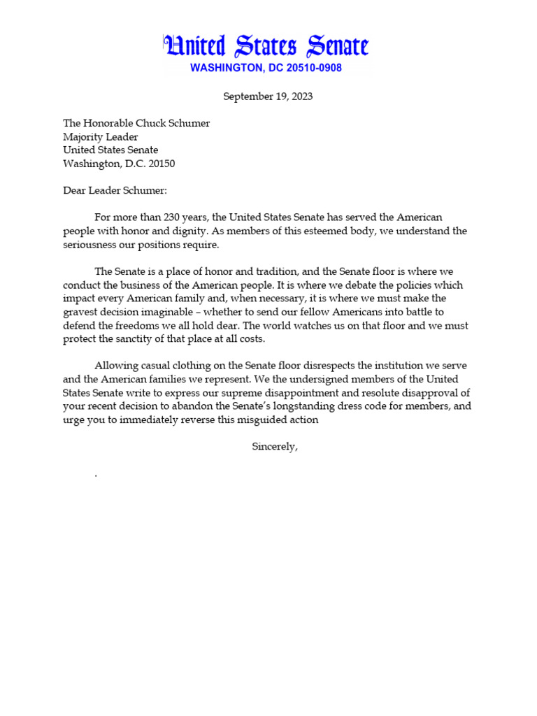 Letter To Schumer Senate Dresscode - FINAL | PDF