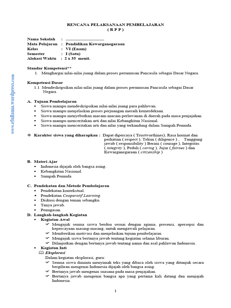 RPP Kelas VI SD SMT 1 PKN | PDF
