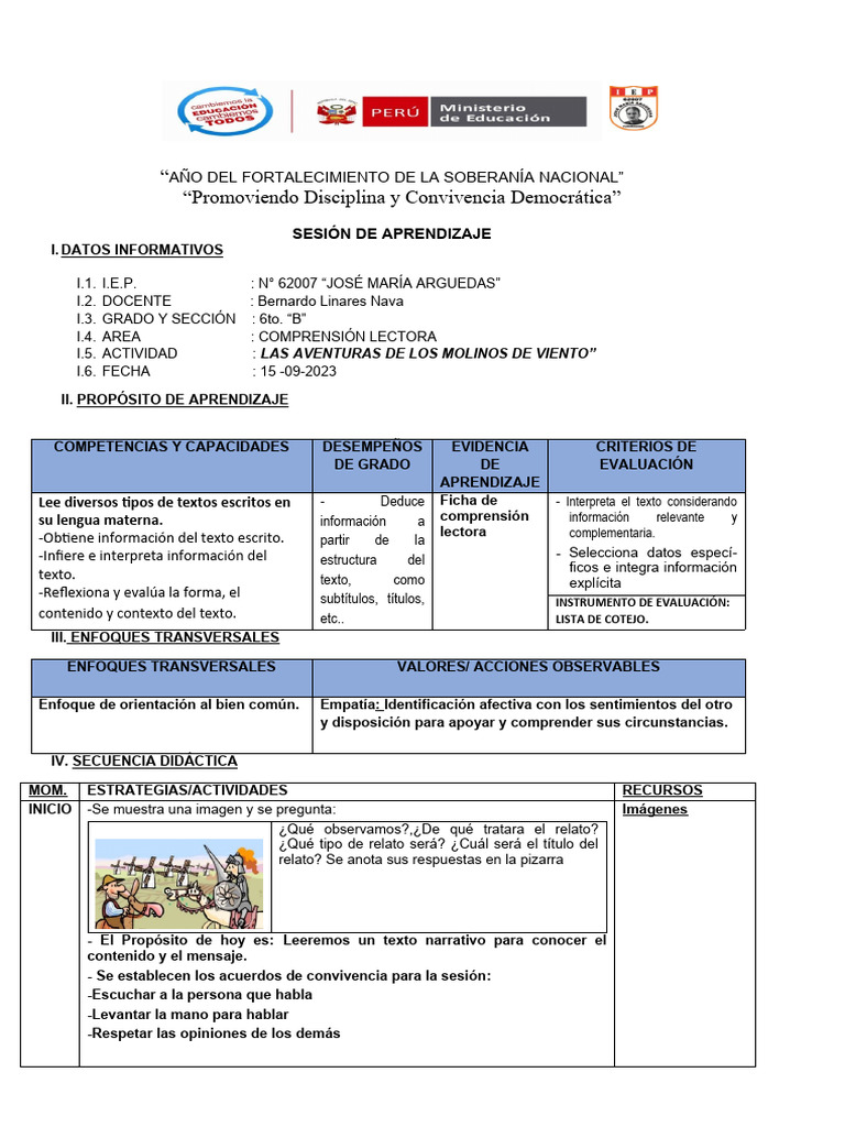 COMPRENSIÓN LECTORA 15 Setiembre | PDF | Don Quijote | Evaluación