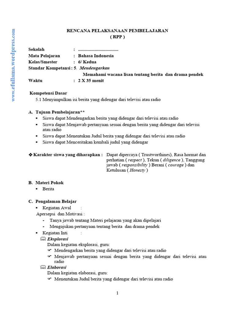 RPP Kelas VI SD SMT 2 Bahasa Indonesia | PDF