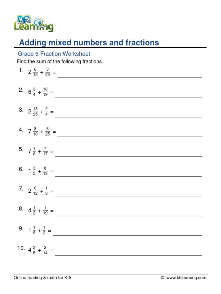 Grade 6 Mixed Numbers Worksheet | PDF
