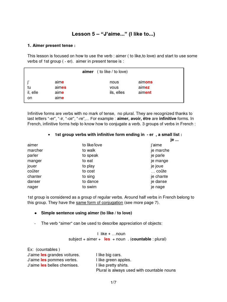 Lesson 5 - J Aime (To Like - To Love) | PDF | Grammatical Conjugation ...