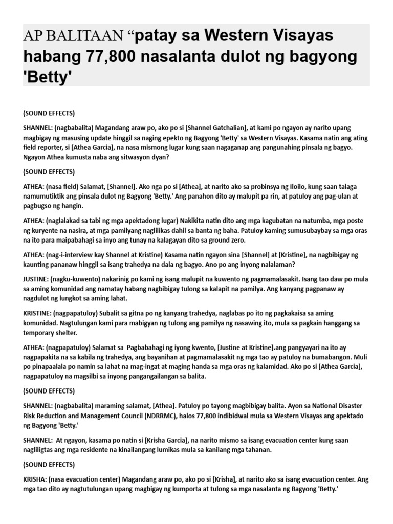 AP Balitaan BAGYONG BETTY SCRIPT | PDF