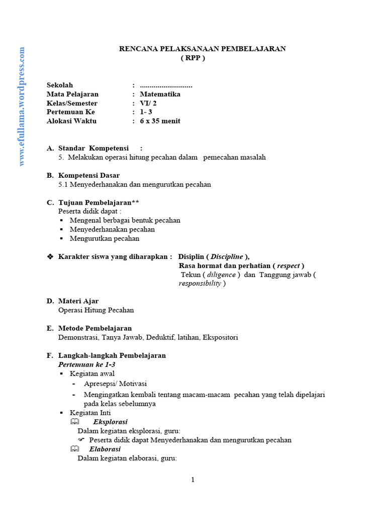 RPP Kelas VI SD SMT 2 Matematika | PDF