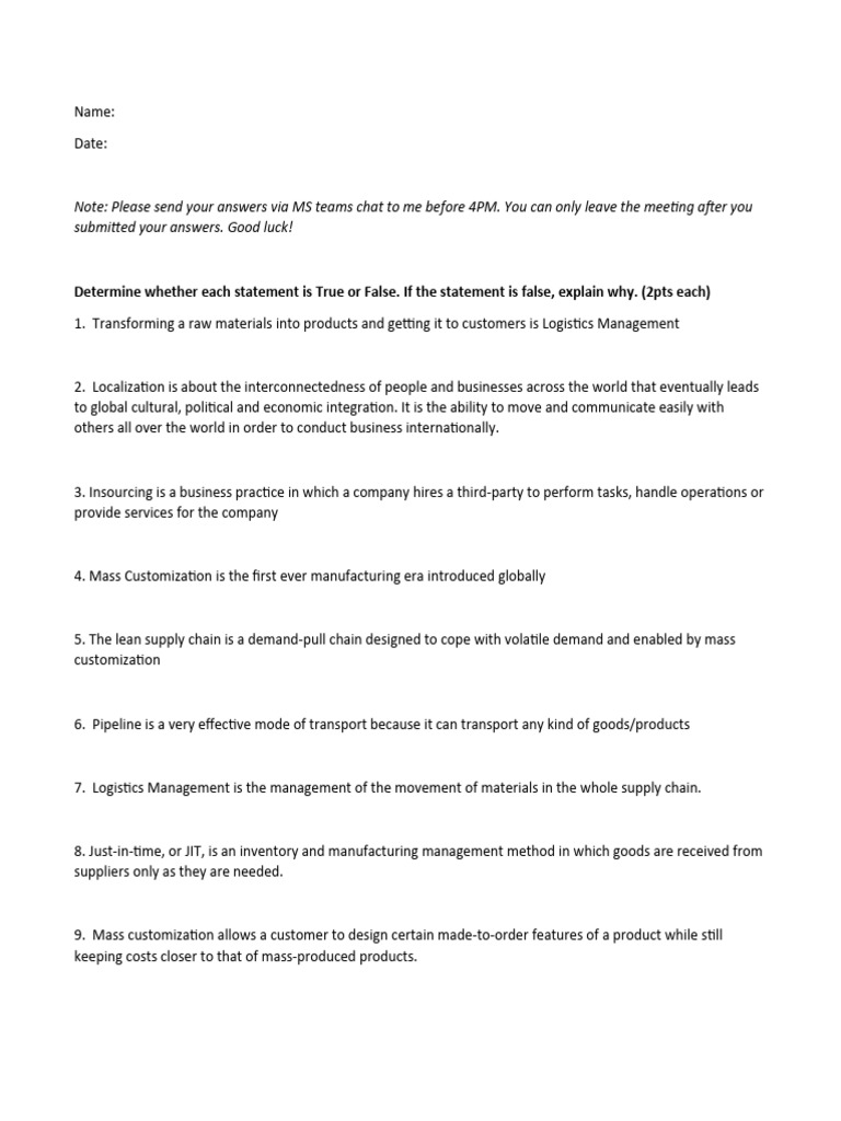 Logistics Management Exam Prep | PDF | Lean Manufacturing | Logistics