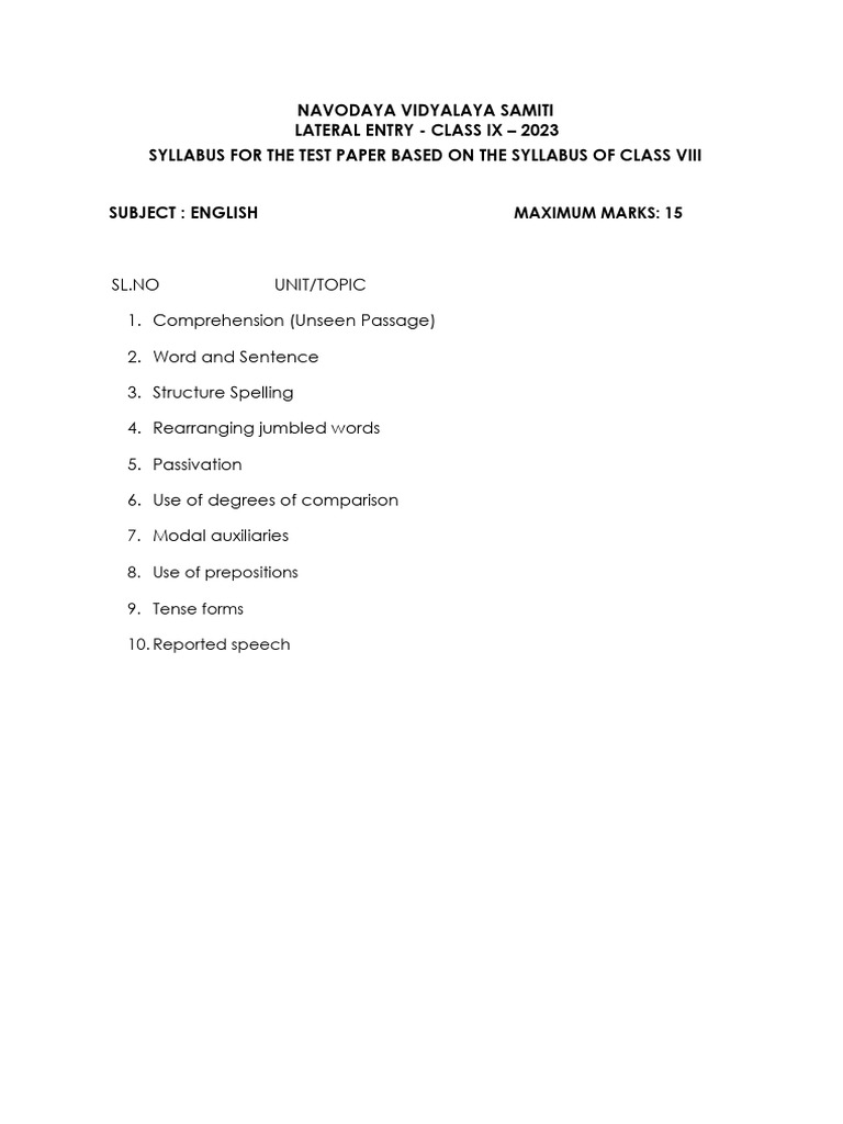 Navodaya Class 9 Lateral Entry Syllabus | PDF | Foreign Language Studies | Technology & Engineering