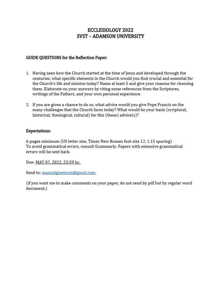 Ecclesiology 2022 Reflection Paper Guide Questions | PDF